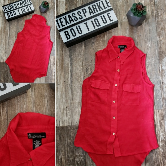 Signature Studio | Tops | Red Button Up Collared Top High Low | Poshmark